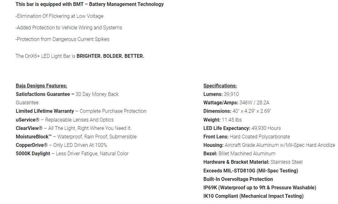 Baja Designs 465014 OnX6 50" Dual Control Amber/White LED Light Bar ...