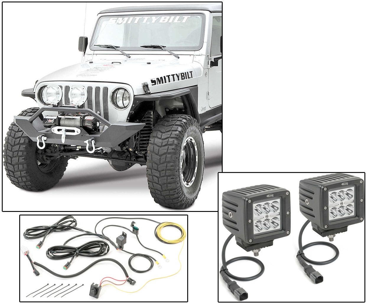 Smittybilt Front XRC Bumper with Quadratec 3" Cube LED Kit & Roof Mount ...